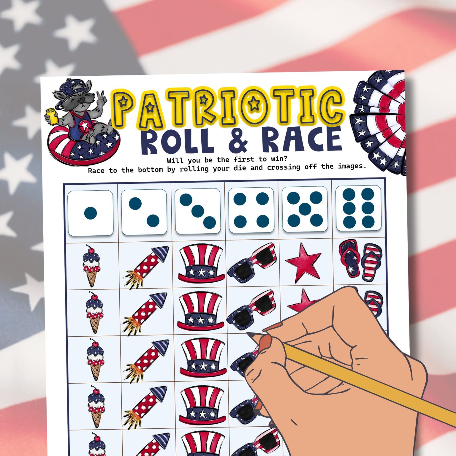 Patriotic Roll & Race Game Printable - Pretty Cute Press